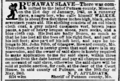 1863 Runaway Ad --Walker | Slave Stampedes on the Southern Borderlands
